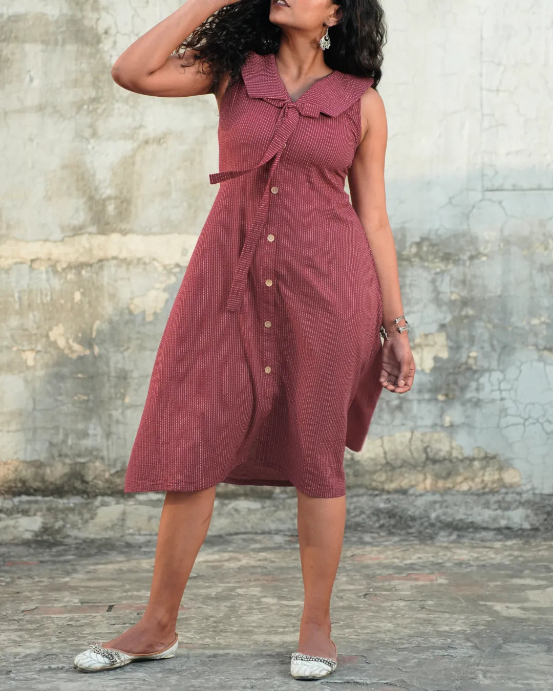 Vintage Kantha Cotton A-Line Dress with Tie-Up Bow - Rusted Garnet – tSucchi Traditions